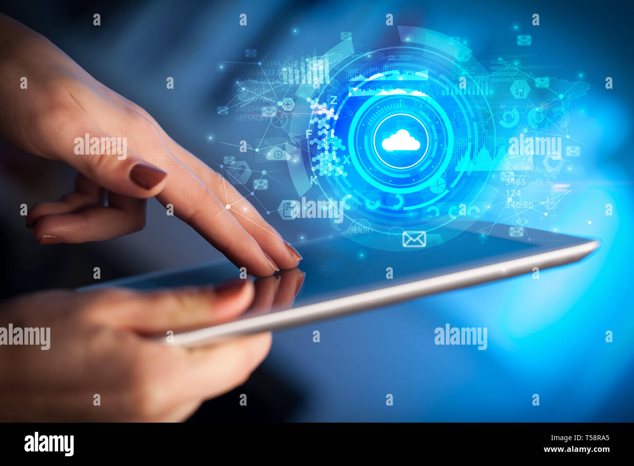 Hand holding tablet with cloud storage technology concept Stock Photo ...