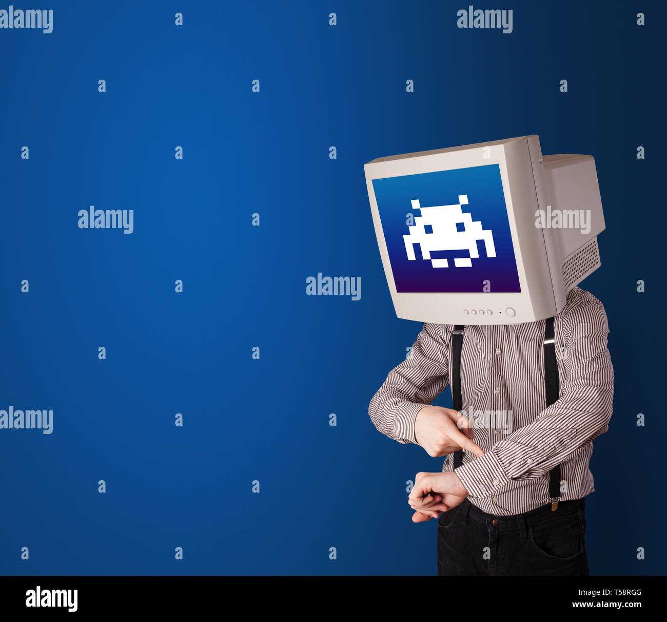 Young person with monitor head, old school 8-BIT concept Stock Photo ...