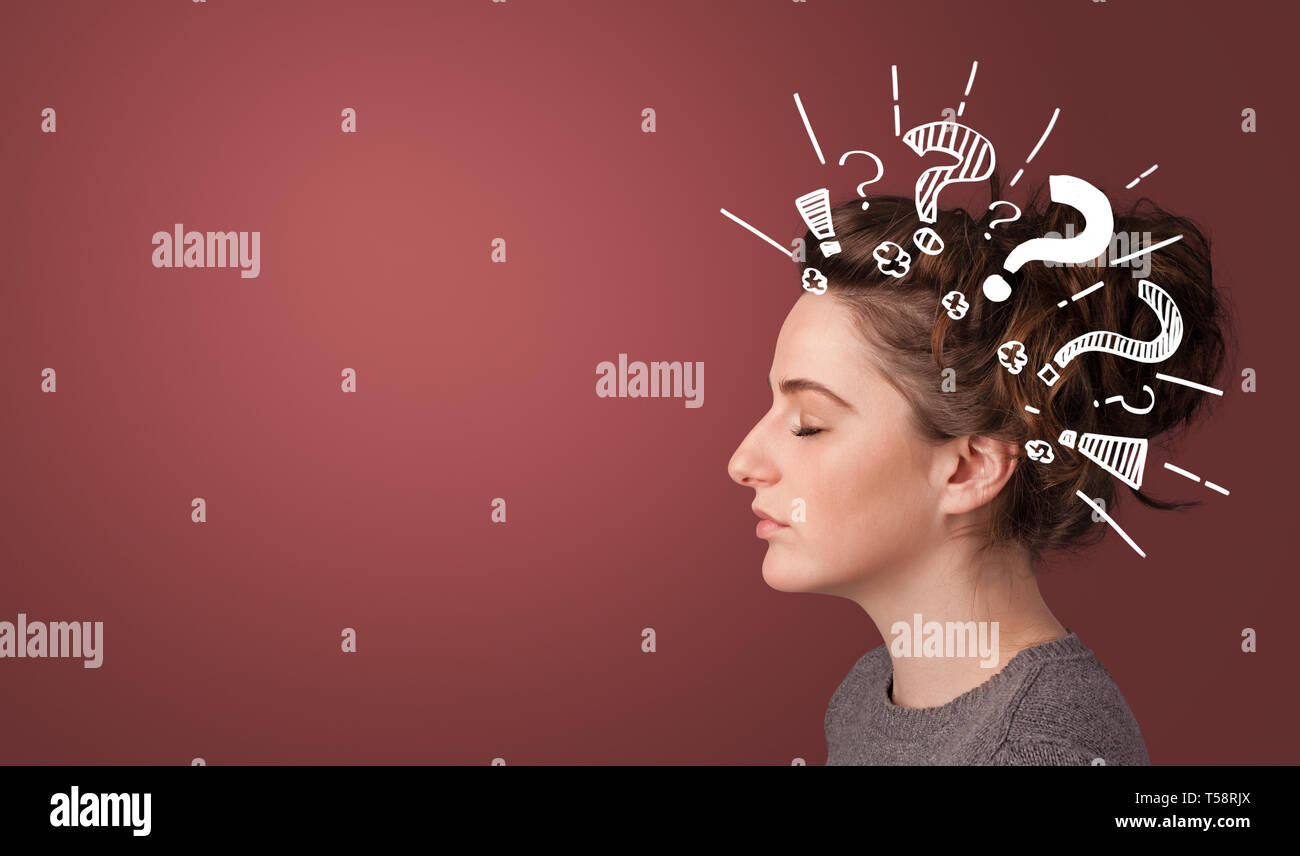 Head with white question marks, and copy space Stock Photo - Alamy