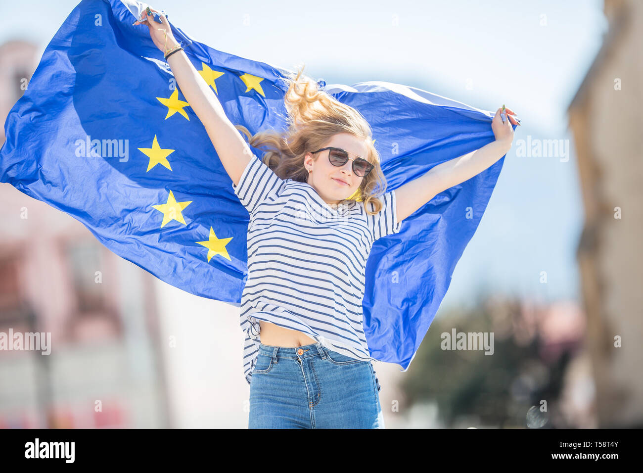 Attractive happy young girl with the flag of the European Union Stock ...