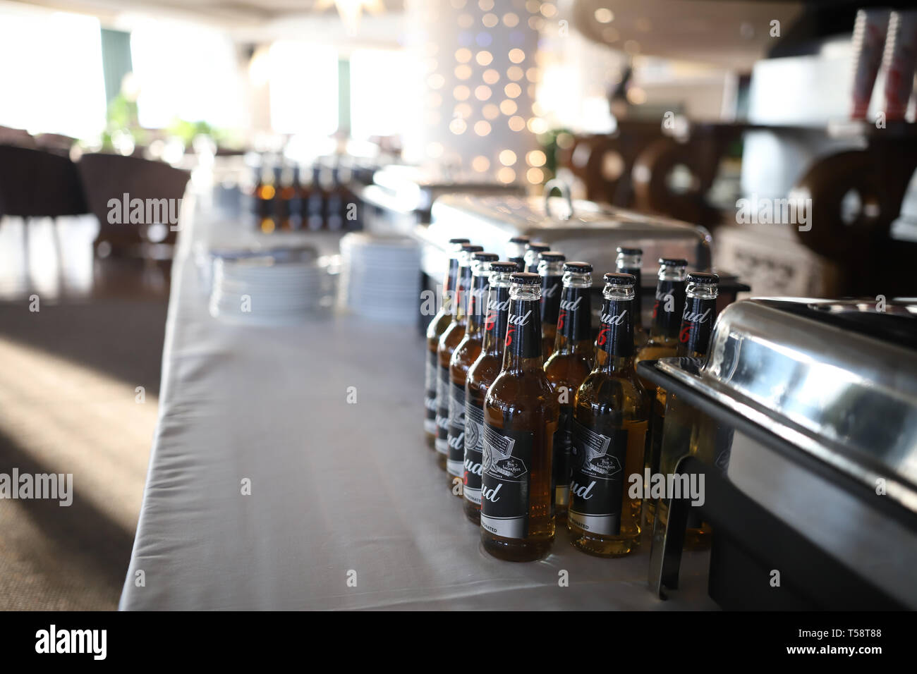 RUSSIA, KAZAN. 09-04-2019: Modern loft bar style. Bottles of beer on ...