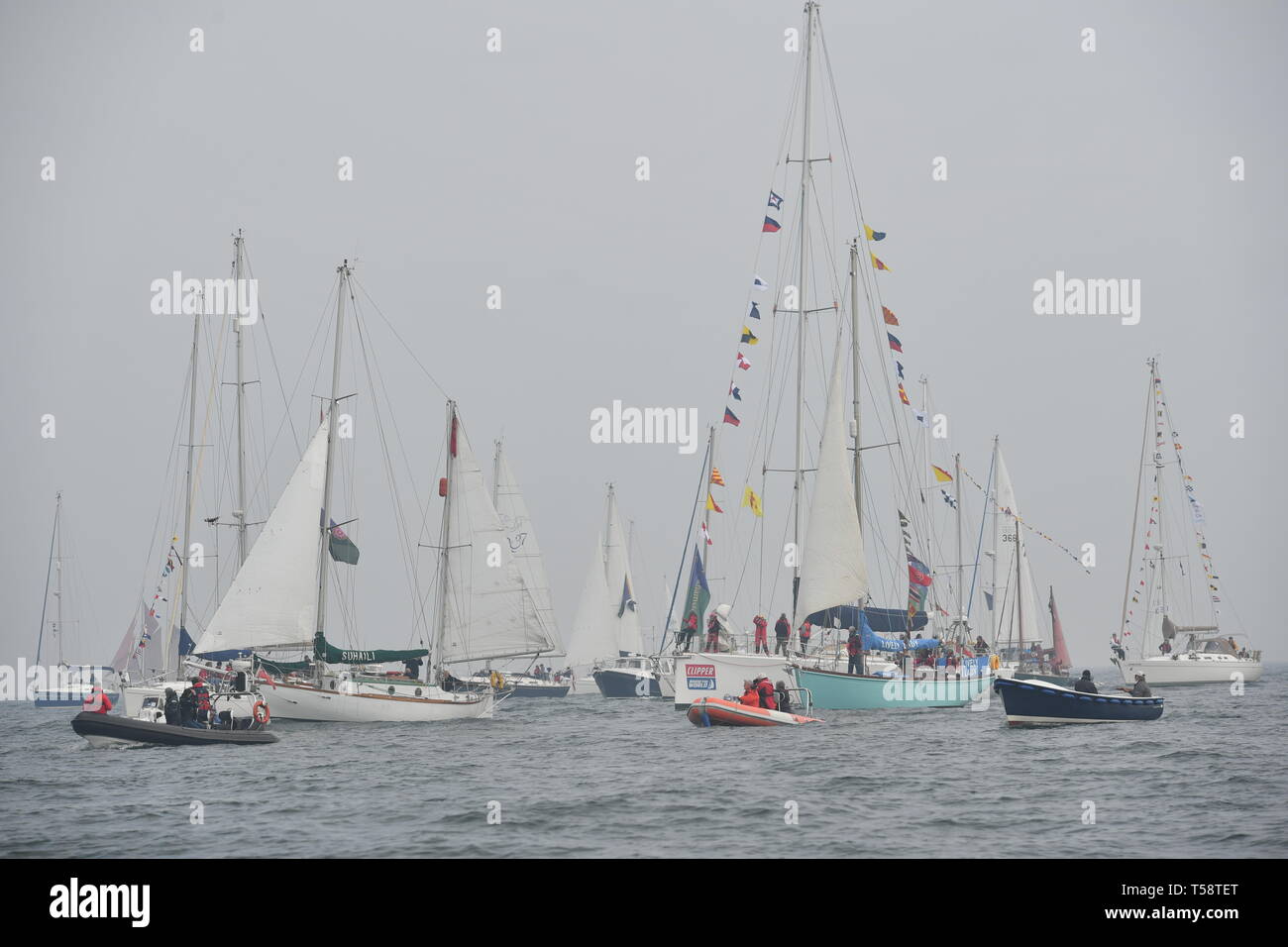 Sir Robin Knox-Johnson on board Suhali, is escorted by a flotilla of ...