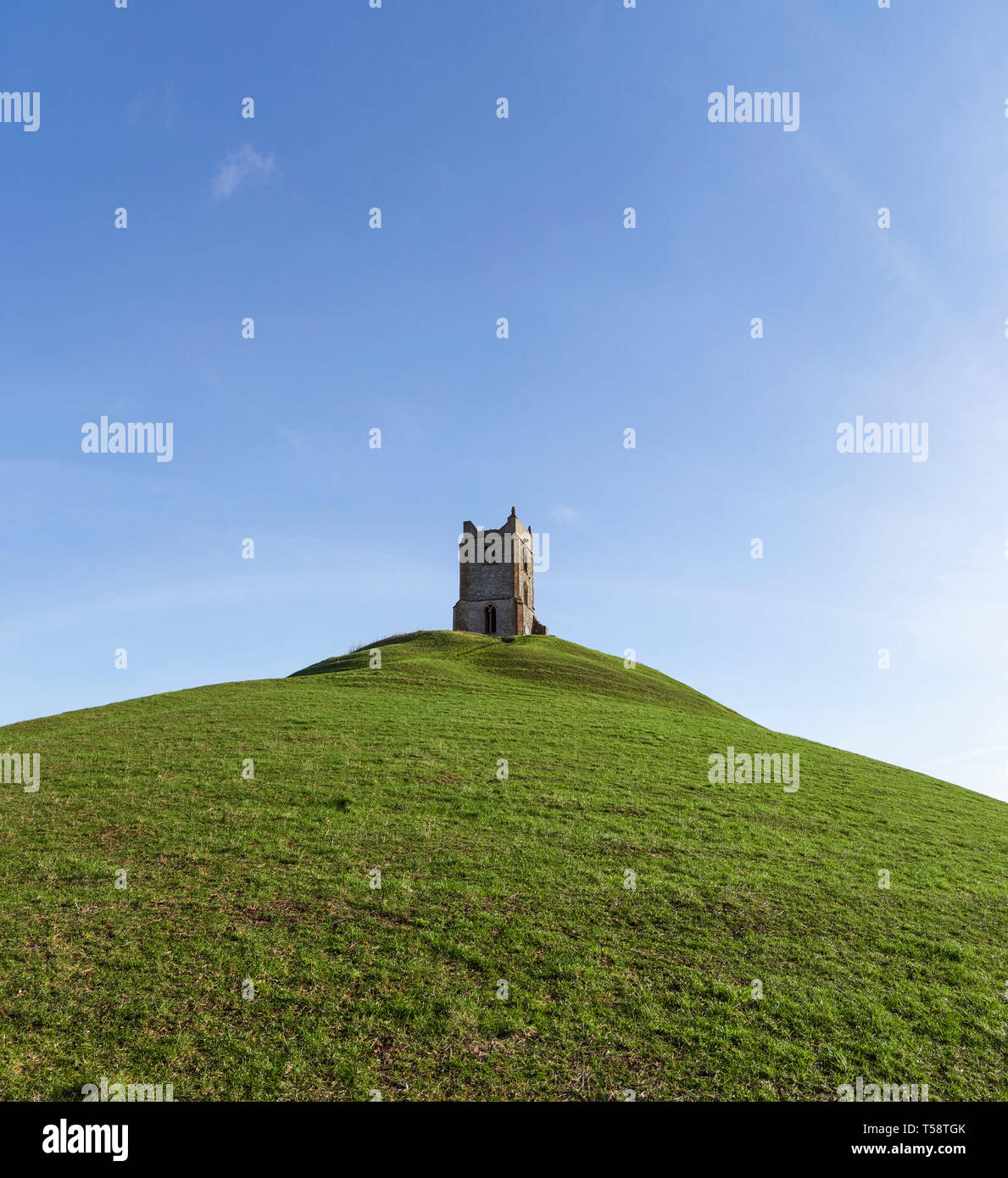 Burrow Mump Norman motte and ruined St Michaels church in the village ...