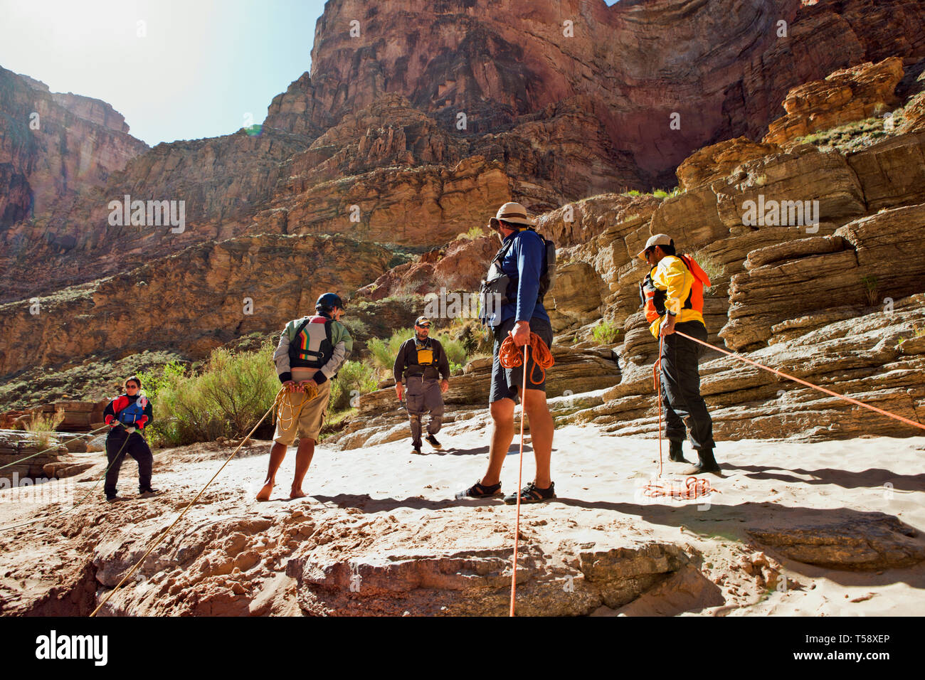 Group of friends rock climbing in a canyon park Stock Photo - Alamy