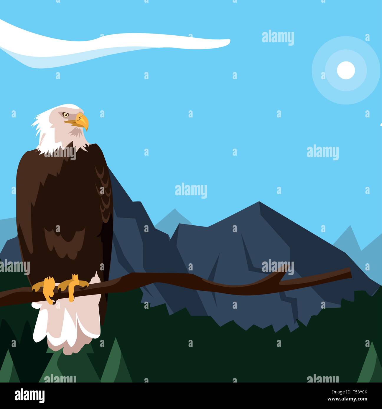 beautiful bald eagle in tree branch landscape scene vector illustration ...