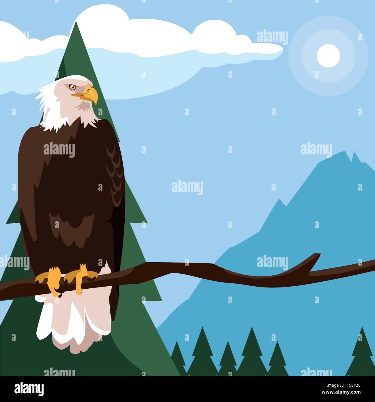 beautiful bald eagle in tree branch landscape scene vector illustration ...