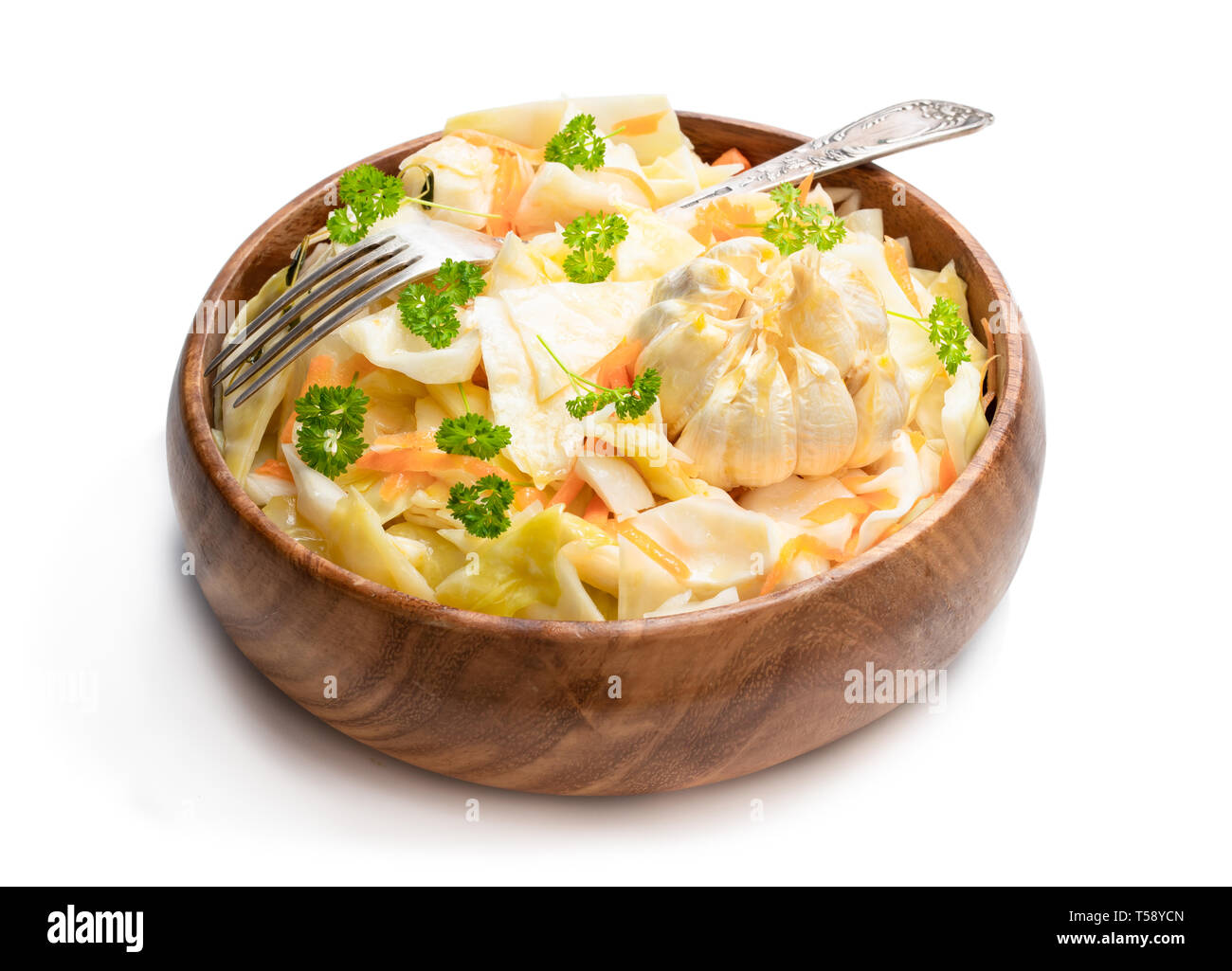 Homemade marinated cabbage with garlic isolated on a white Stock Photo ...