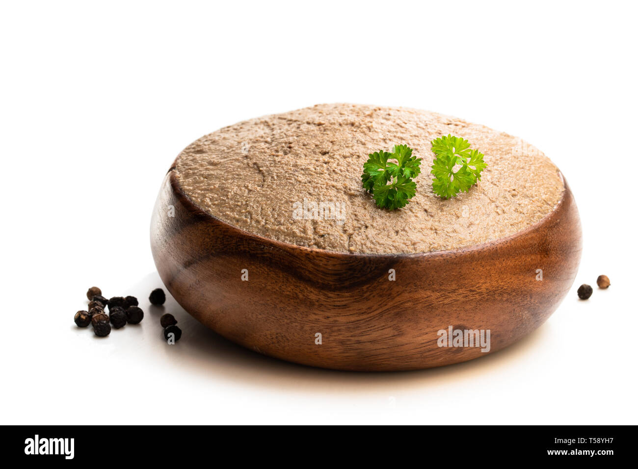 Fresh pate in wooden bowl isolated on white Stock Photo - Alamy