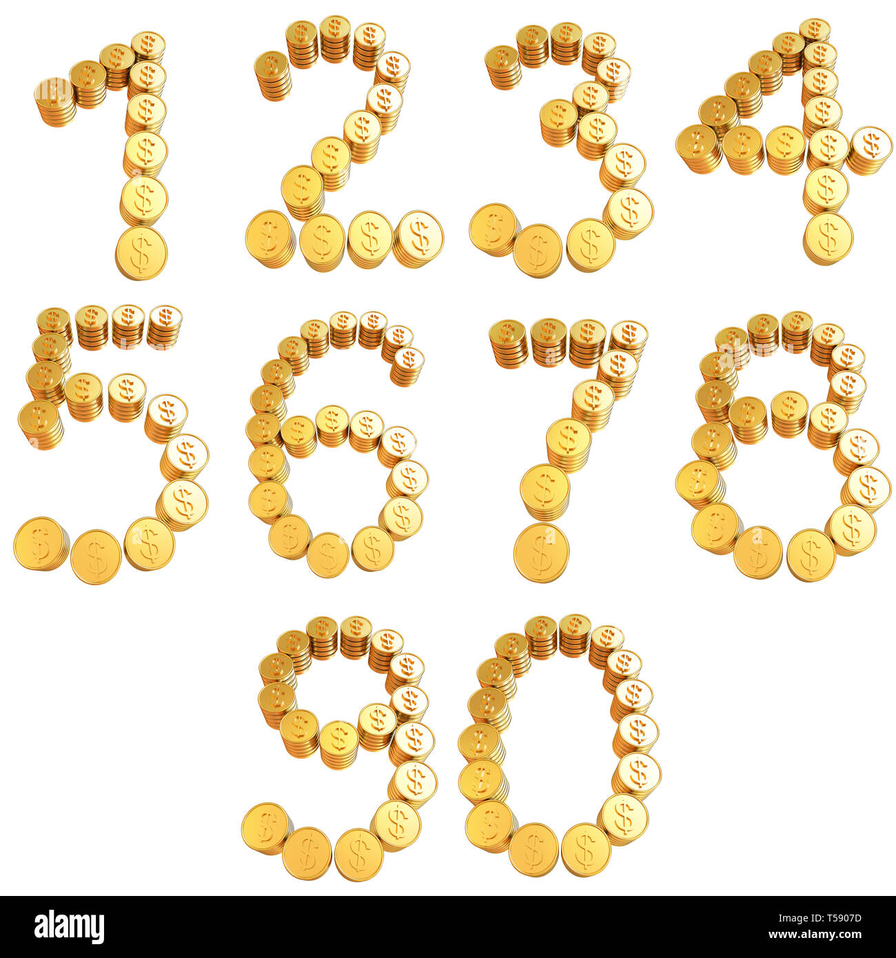 Numbers of gold coins with dollar sign isolated on white background ...