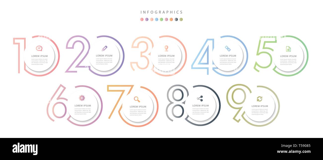 Vector infographic design UI template colorful gradient 9 number labels ...