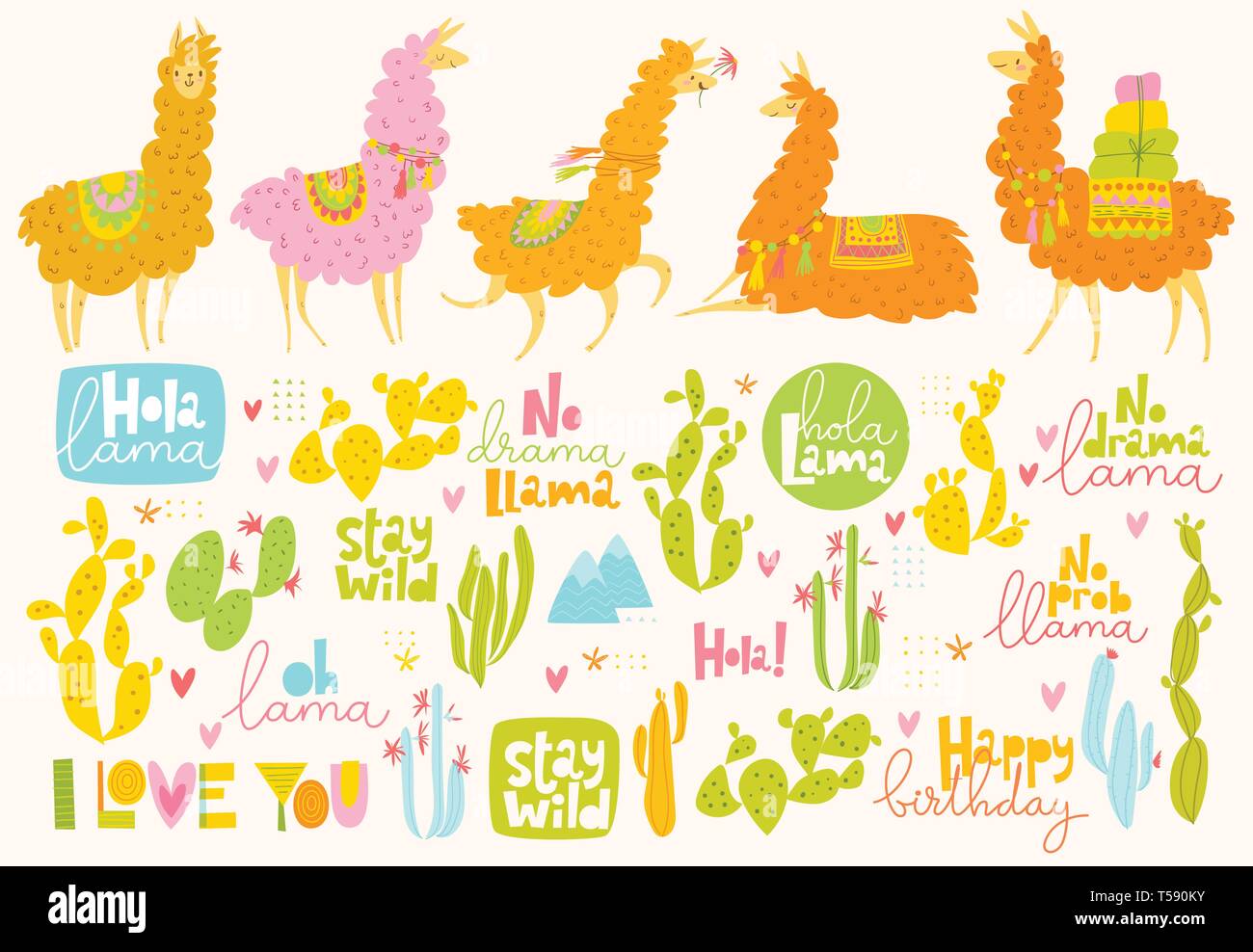 Set of lama, cactuses and funny design elements Stock Vector Image ...