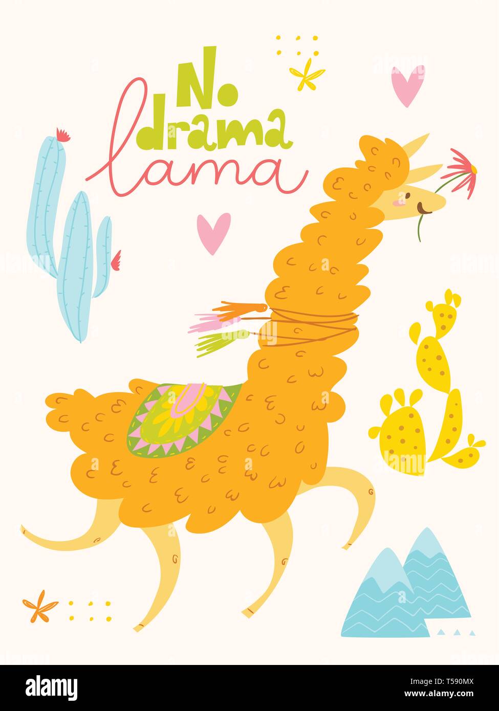 Vector poster or card with cute cartoon lama and cacti Stock Vector ...