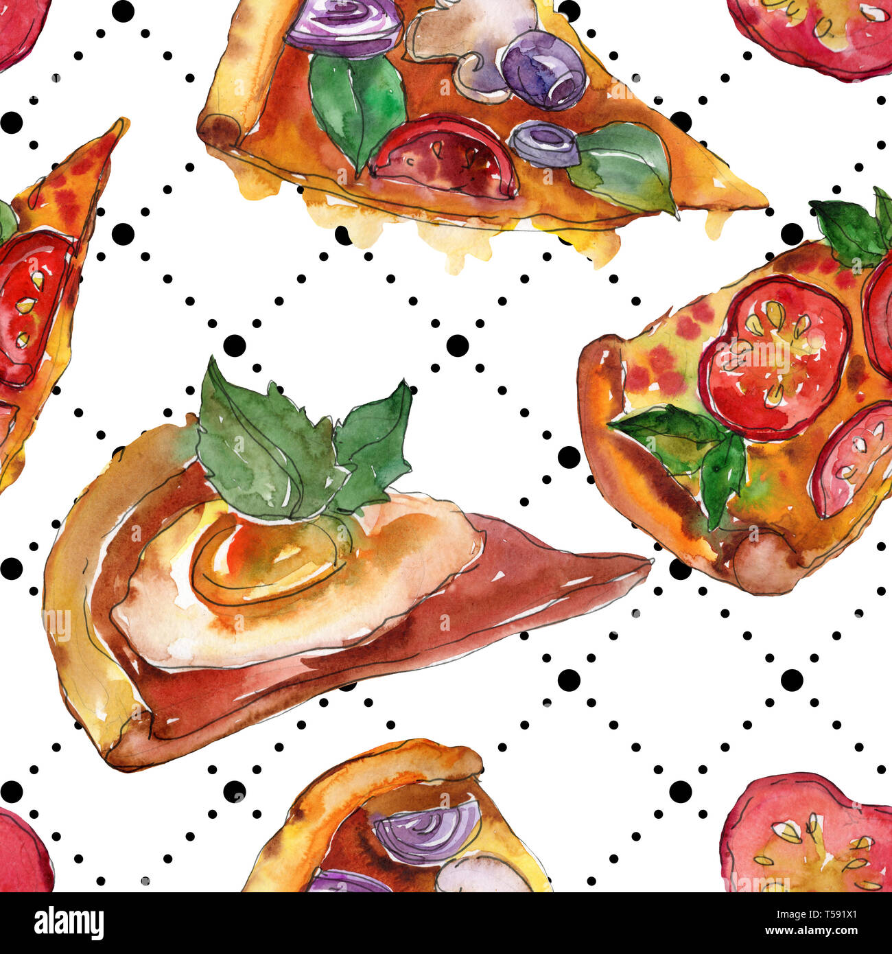 Fast food itallian pizza in a watercolor style isolated set ...