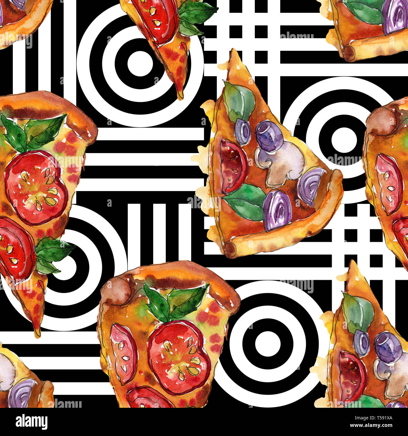 Fast food itallian pizza in a watercolor style isolated set ...