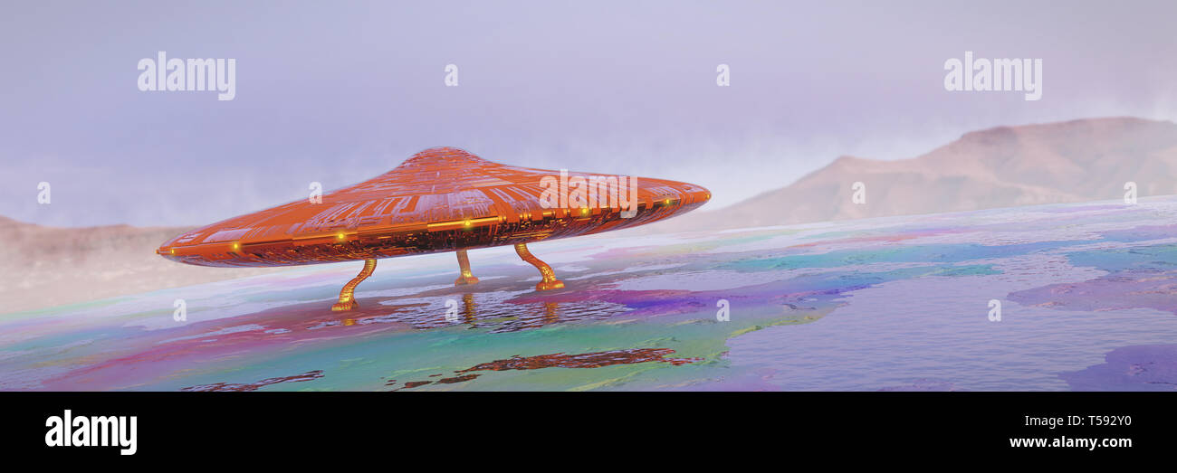 UFO on the colourful surface of an alien planet, science fiction scene ...