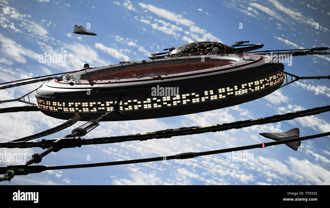 space station with spaceships in orbit of planet Earth (3d science ...