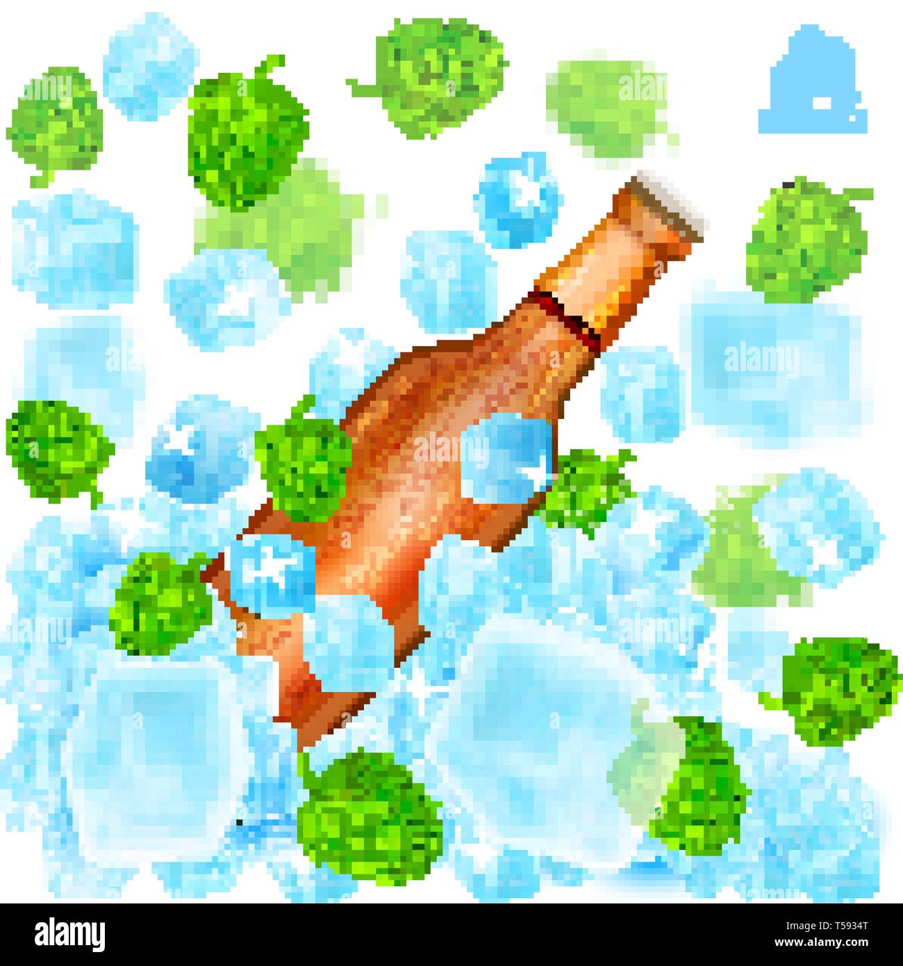 Realistic brown bottle of beer flies out from ice cubes among flying ...