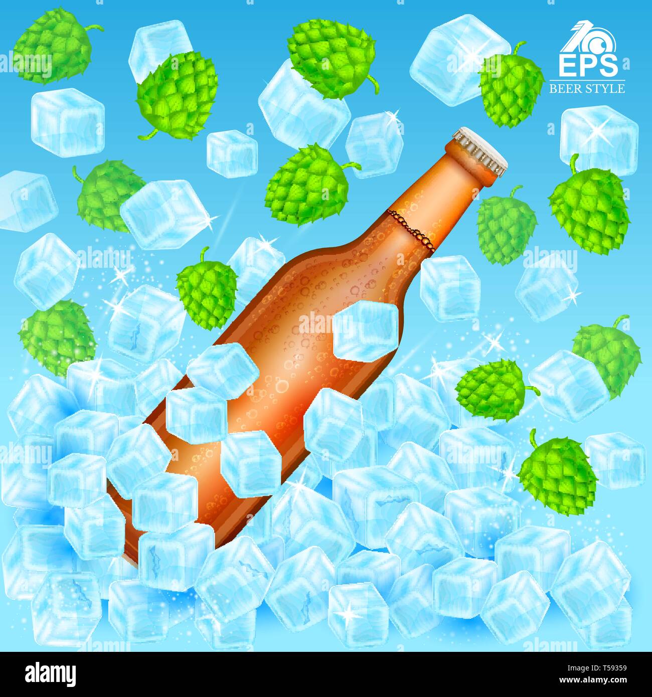 realistic brown bottle of beer flies out in ice cubes among flying hop ...