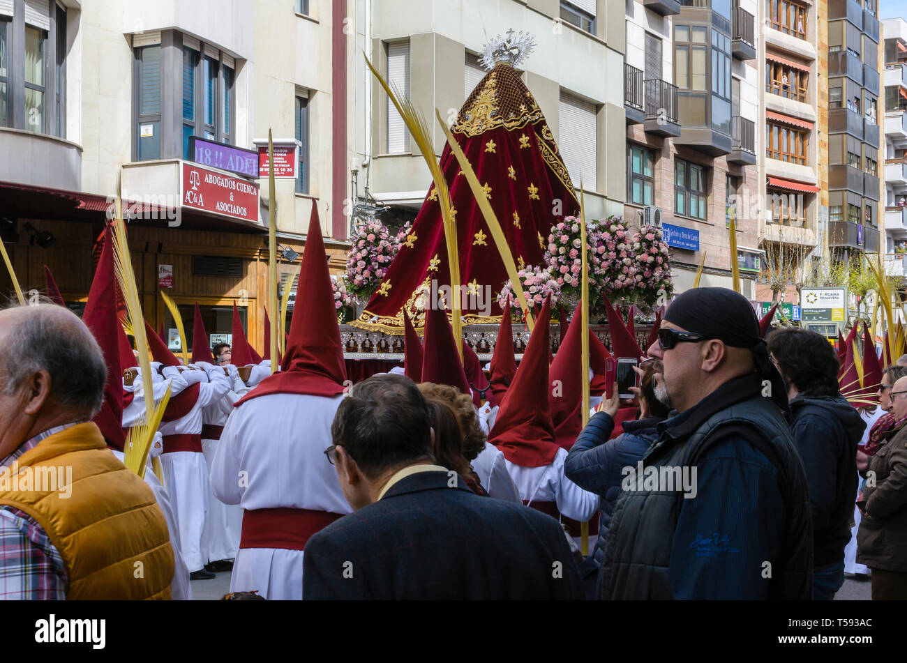 Cuenca city, Spain.14 th April,2019. Parade procession with people view ...