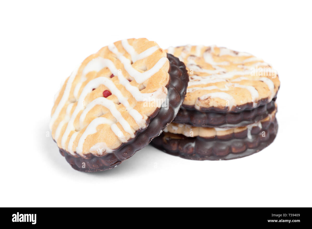 Group of chocolate coated round biscuits cookies isolated on white ...