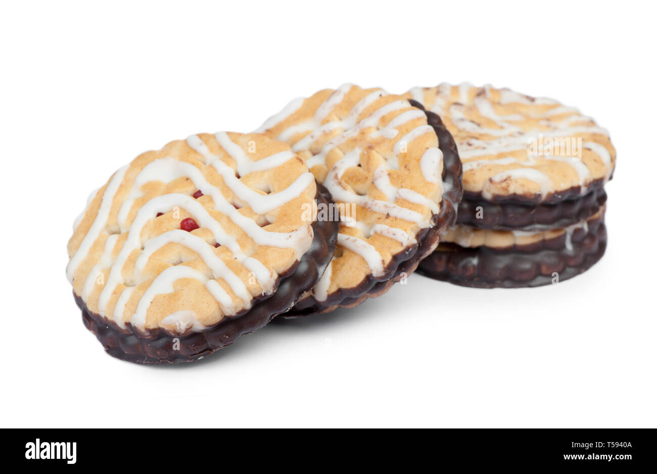 Group of chocolate coated round biscuits cookies isolated on white ...