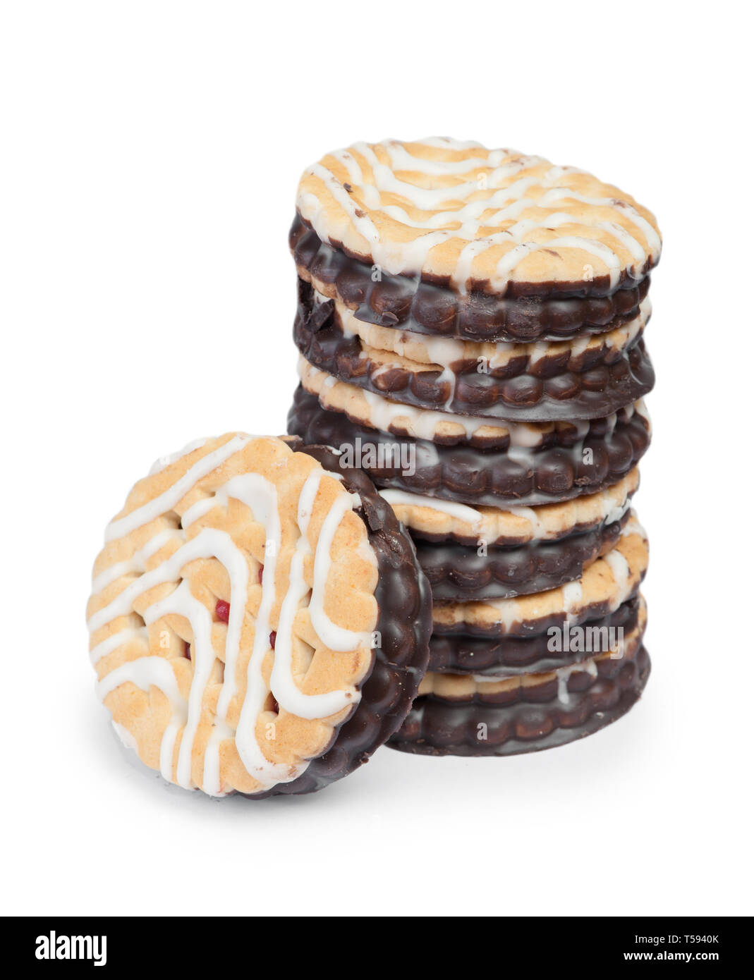 Group of chocolate coated round biscuits cookies isolated on white ...