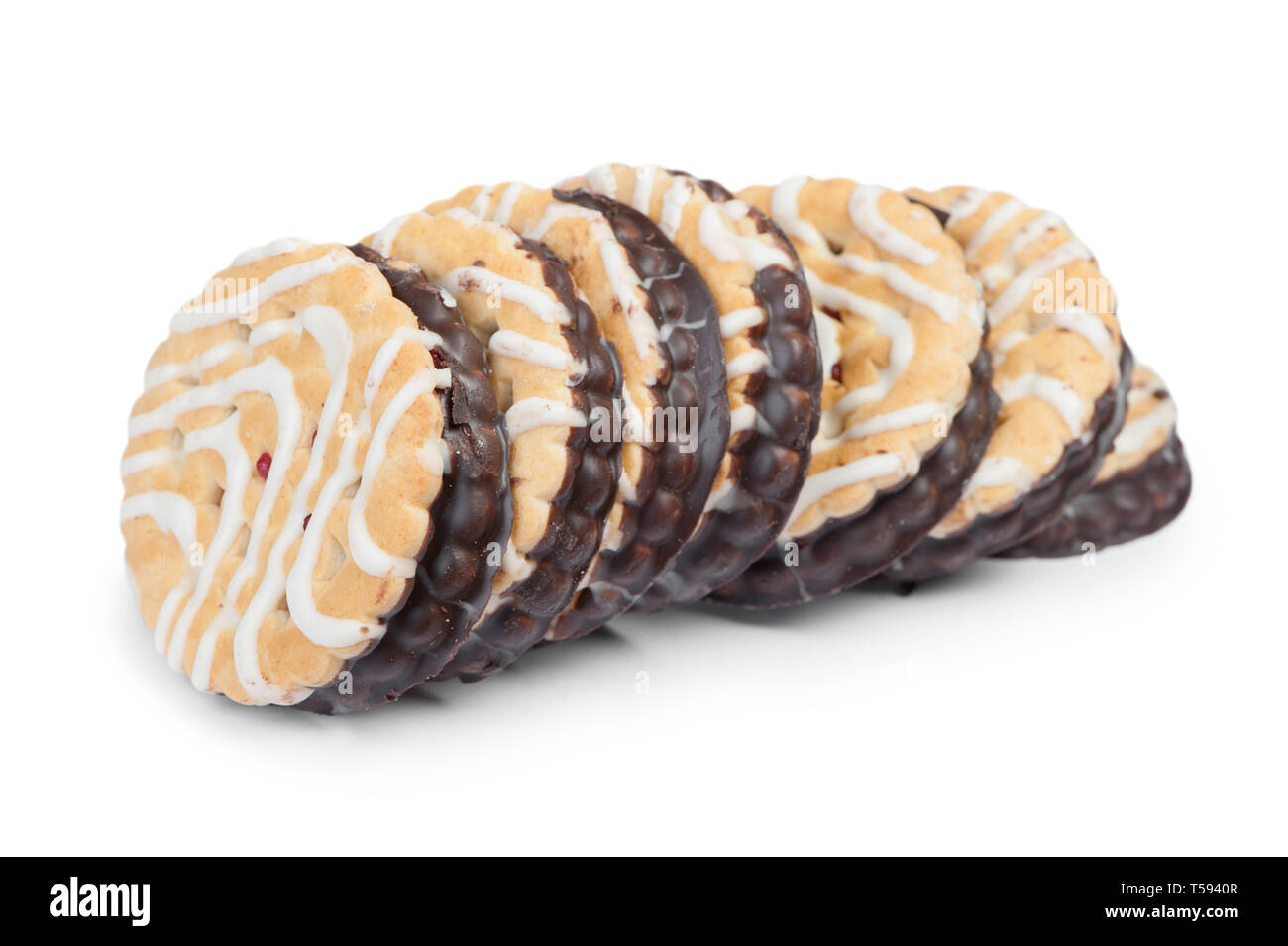 Group of chocolate coated round biscuits cookies isolated on white ...