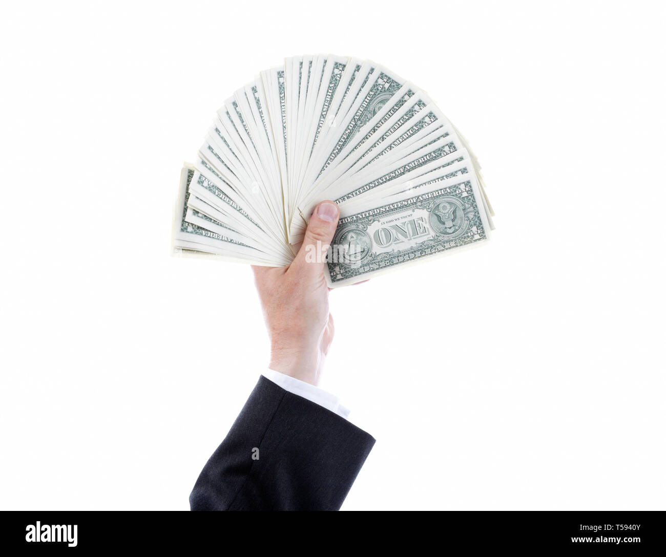 Male hand holding dollar notes on white background Stock Photo - Alamy