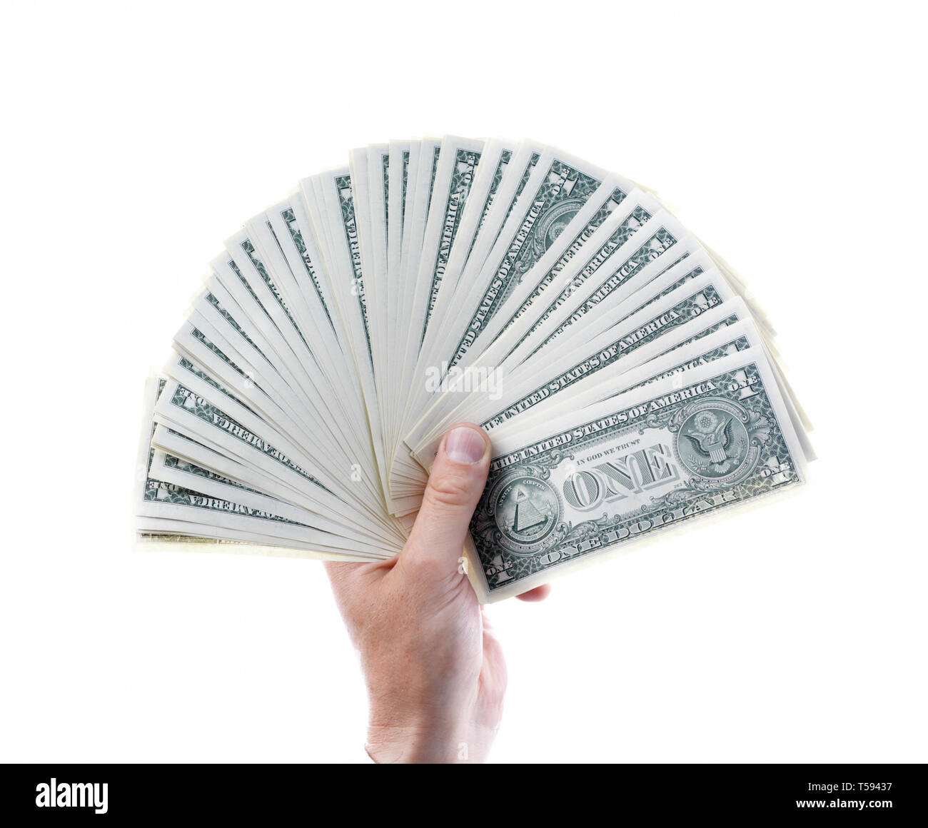 Male hand holding dollar notes on white background Stock Photo - Alamy
