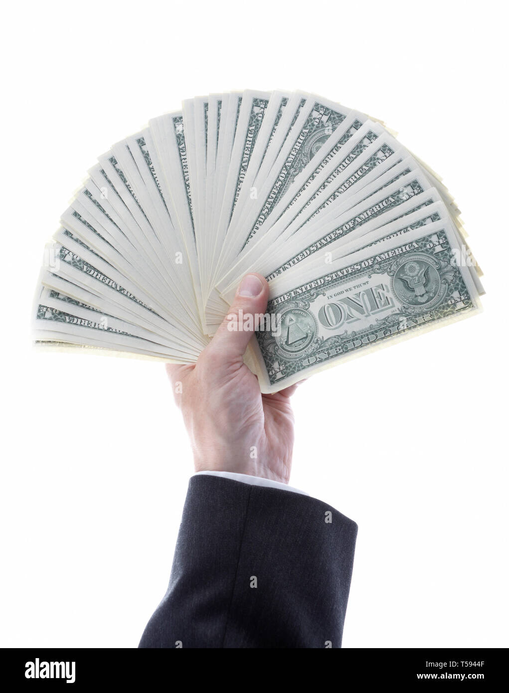 Male hand holding dollar notes on white background Stock Photo - Alamy