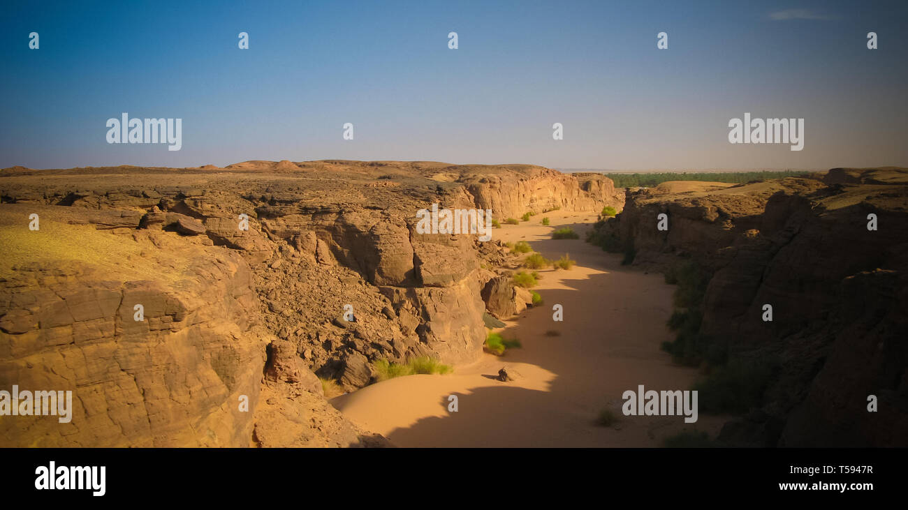 Desert landscape with dry riverbed aka wadi at Karima, Sudan Stock ...