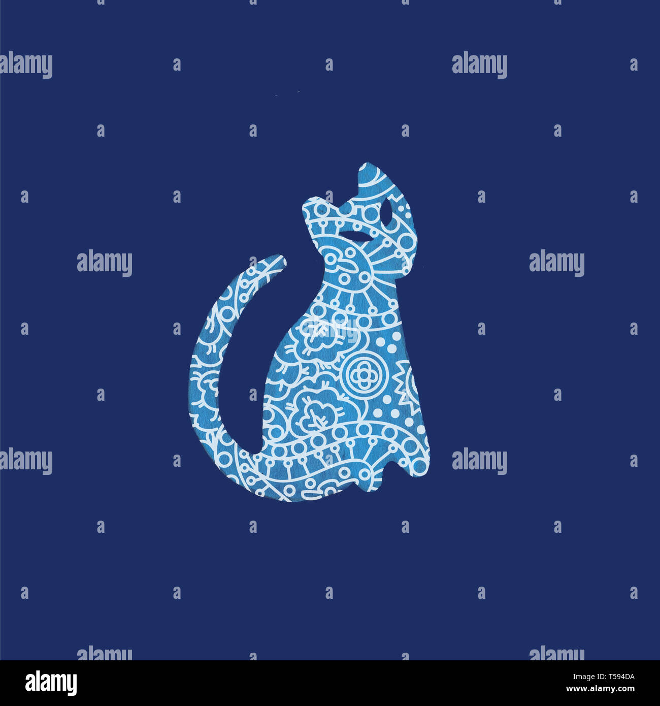 Paisley pattern abstract cat painted in blue isolated on blue ...