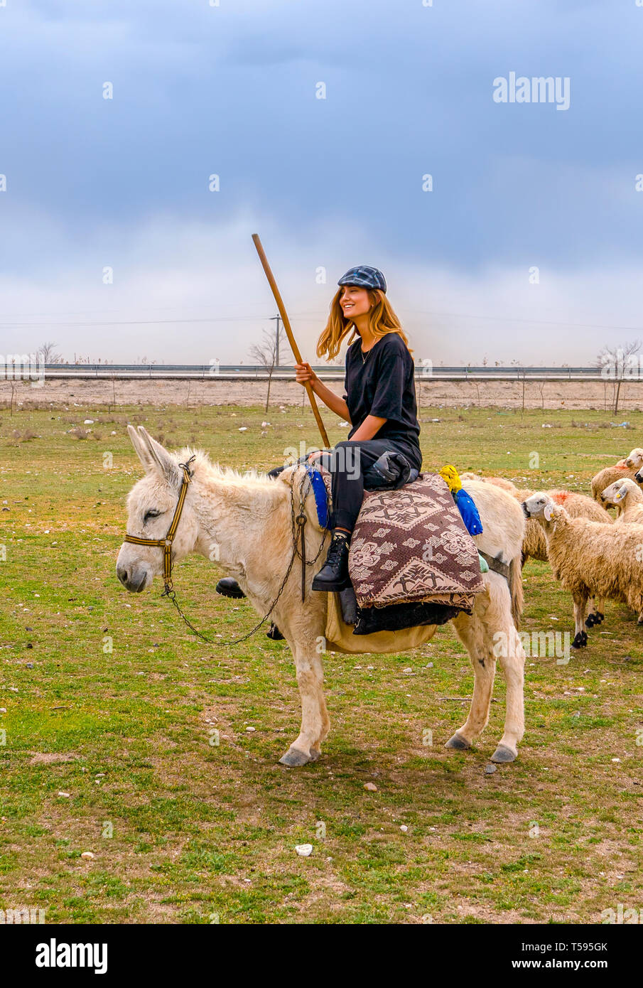 Konya, Turkey-April 14 2019: Shepherdesses with hat riding white donkey ...