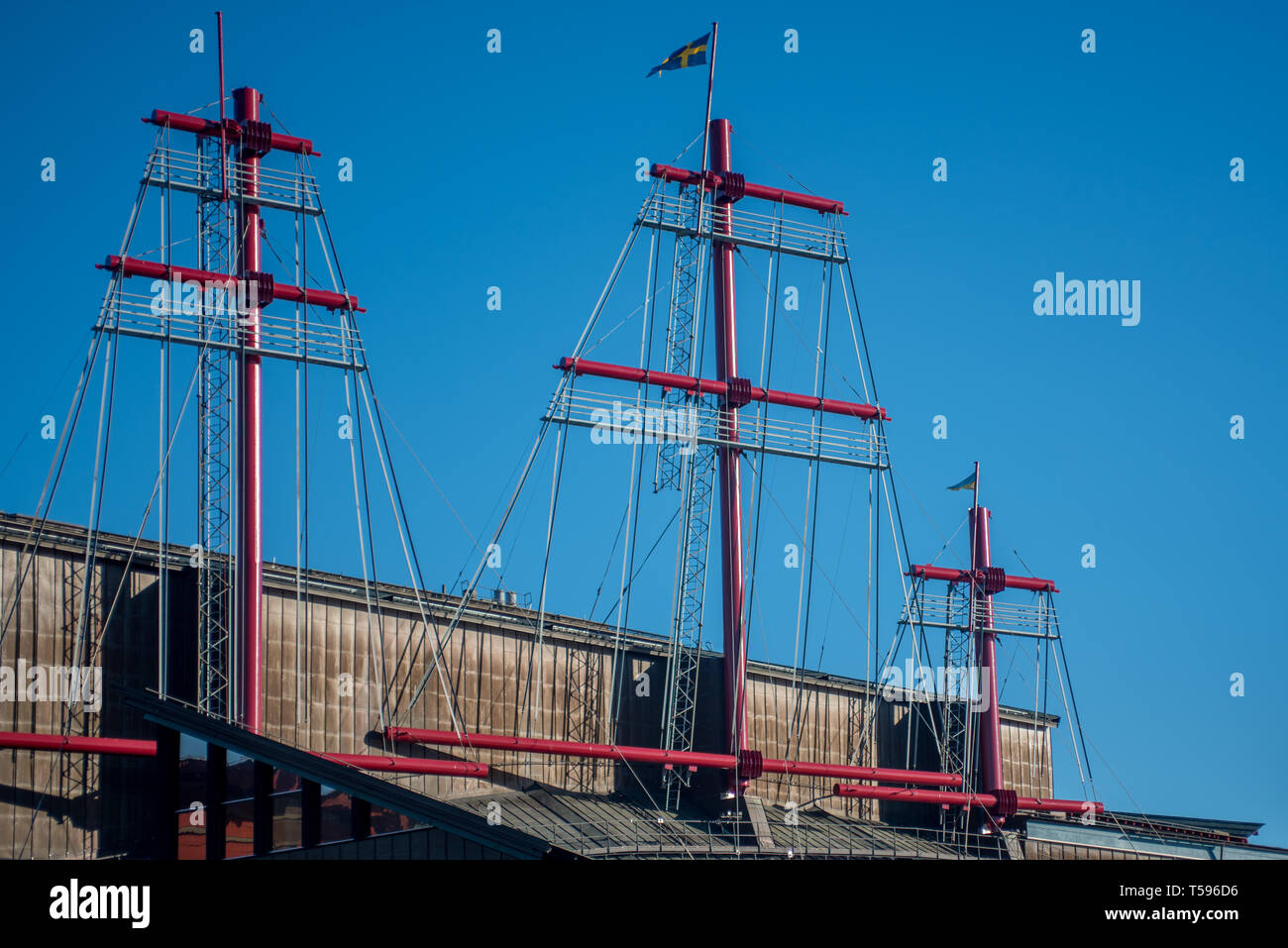 The distinctive three red masts of the Vasa Museum in Stockholm ...