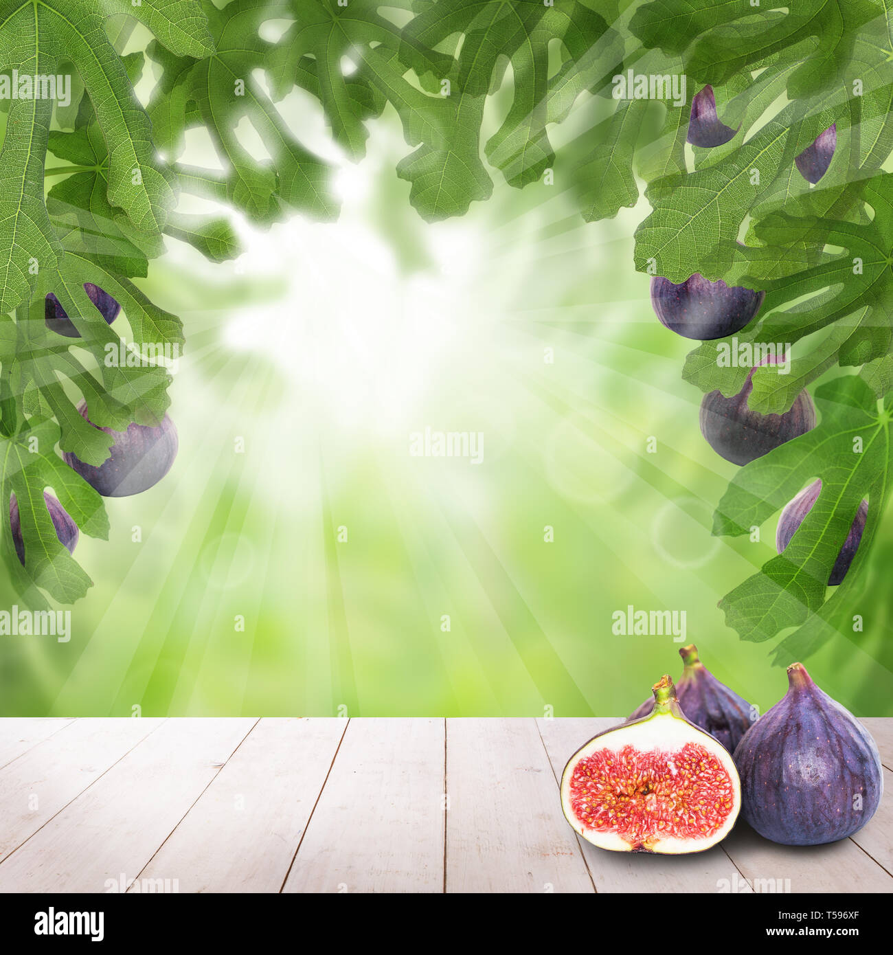 fruits on light wooden table in garden. Sunlight background concept ...