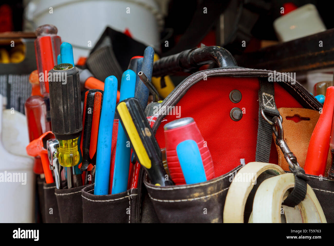 Hand tools built in tool bag in accessories background Stock Photo - Alamy