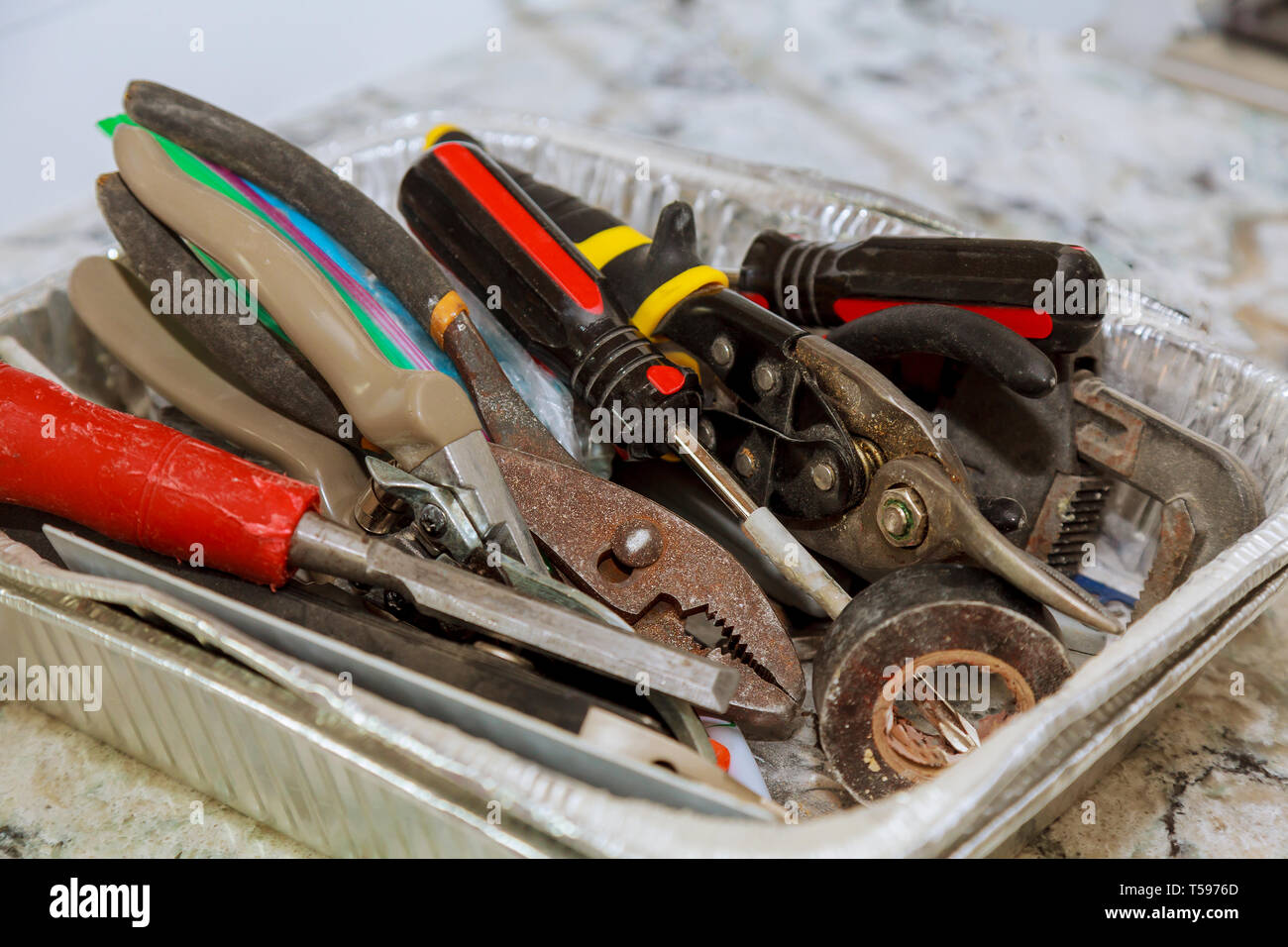 Hand tools built in crafting tools on work table Stock Photo - Alamy