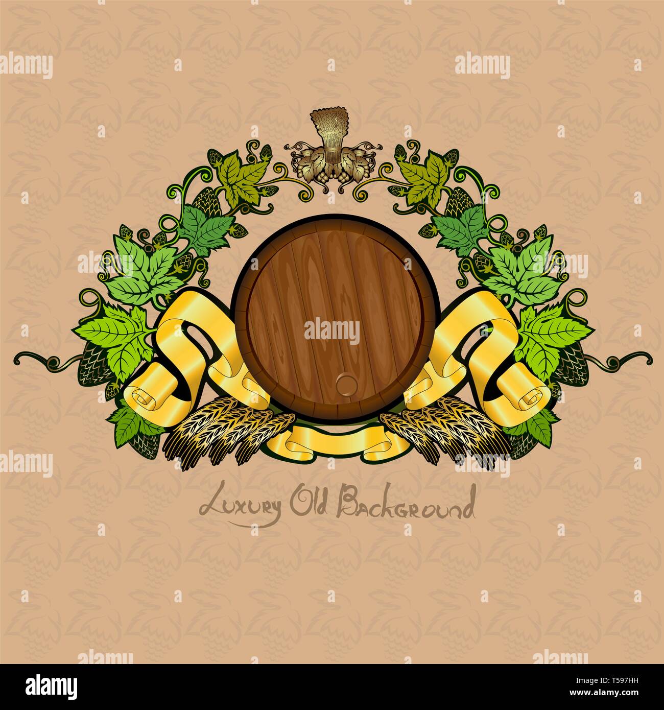 Barrel between ribbons and hop pattern. Beer heraldic label Stock ...