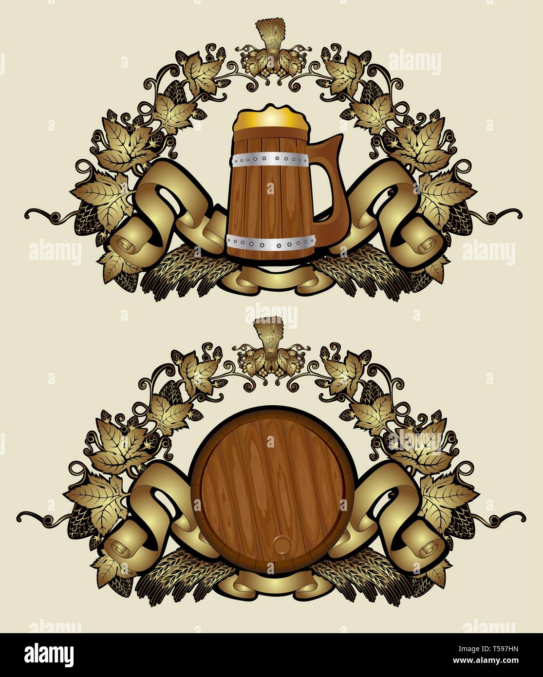 Mug and barrel between ribbons and hop pattern. Beer heraldic label ...