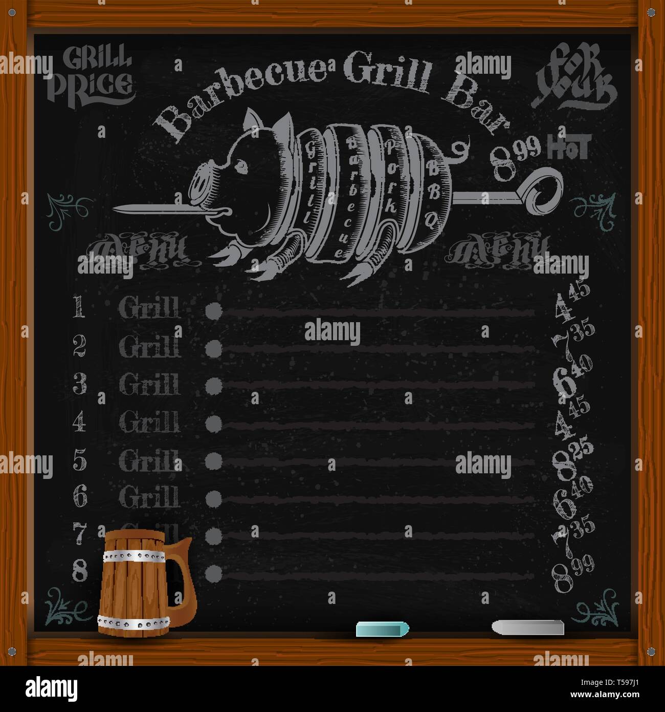 Sliced pork on spit. Grill menu on black chalkboard Stock Vector Image ...