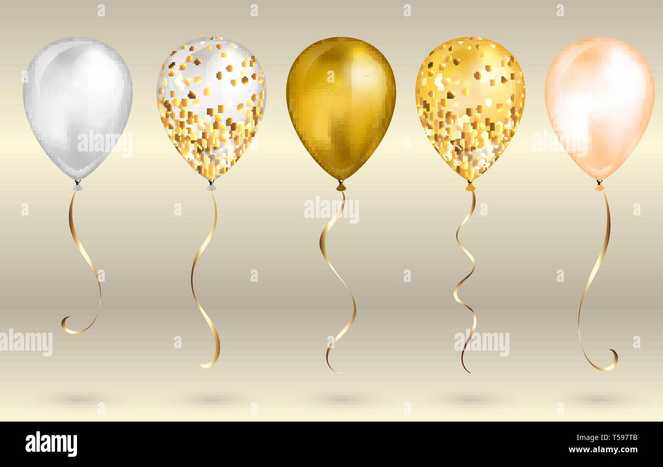 Set of 5 shiny gold realistic 3D helium balloons for your design ...
