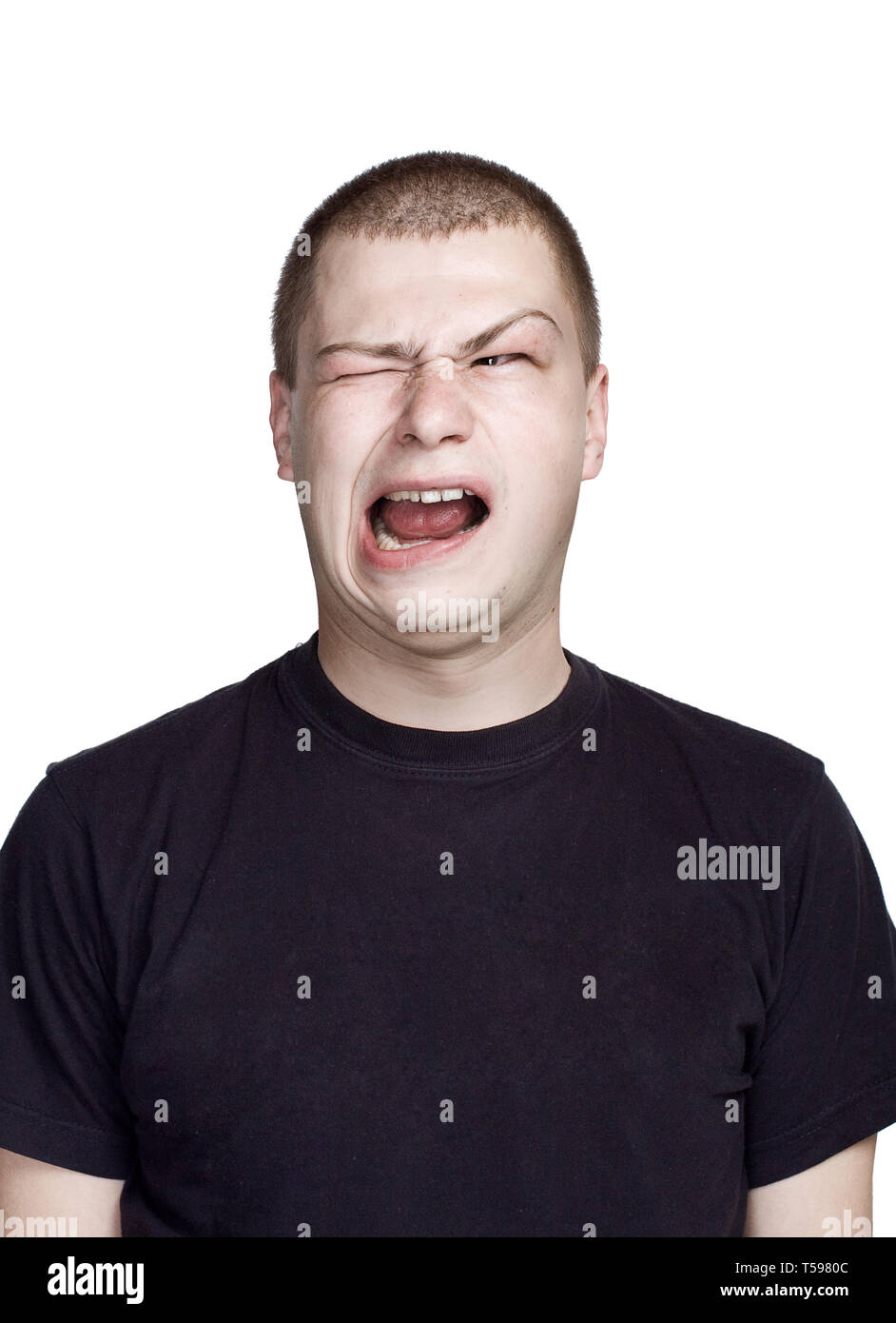 Disgust face with open mouth. Portrait of young man. Facial expression ...