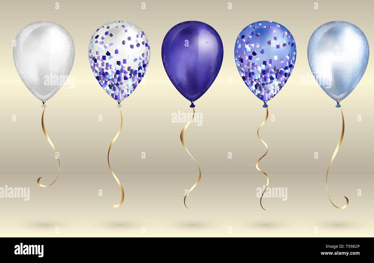 Set of 5 shiny realistic 3D blue helium balloons for your design ...