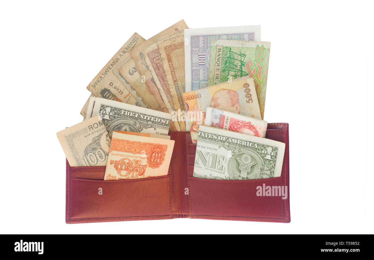 vintage leather wallet full of old money isolated Stock Photo - Alamy