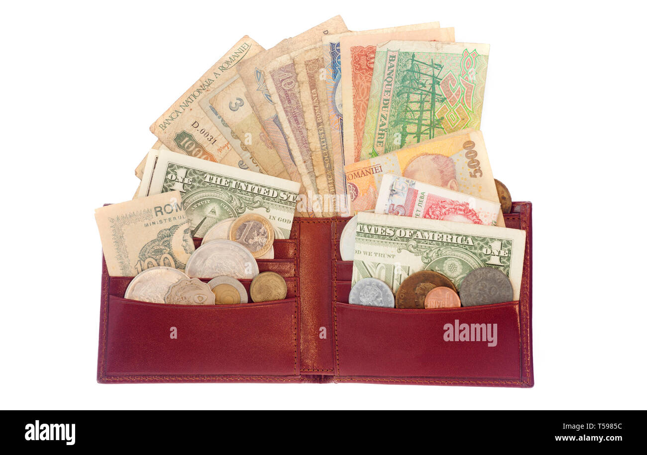 vintage leather wallet full of old money isolated Stock Photo - Alamy