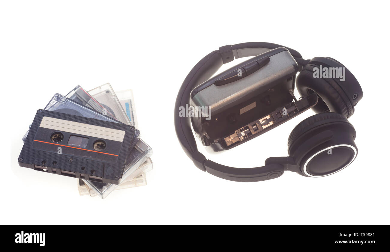 vintage audio tape and walkman with headphones isolated on white Stock ...