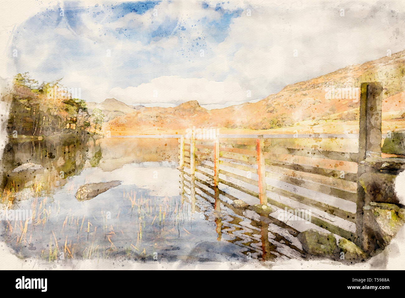 Watercolour effect from a photograph of the National Trust's Blea Tarn ...