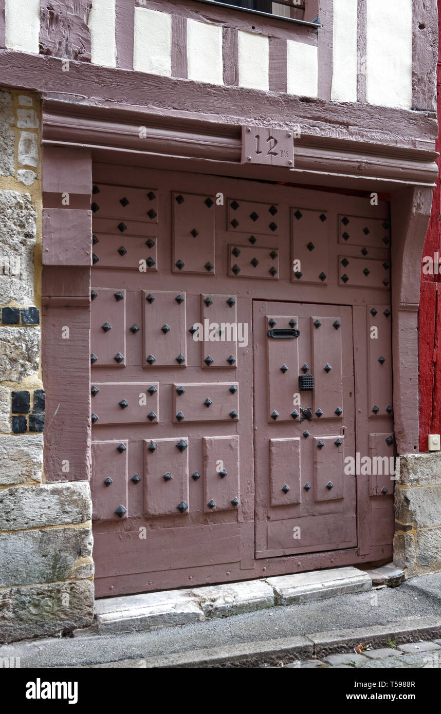 old door within door, wood, spike decorations, Caudebec-en-Caux; France ...