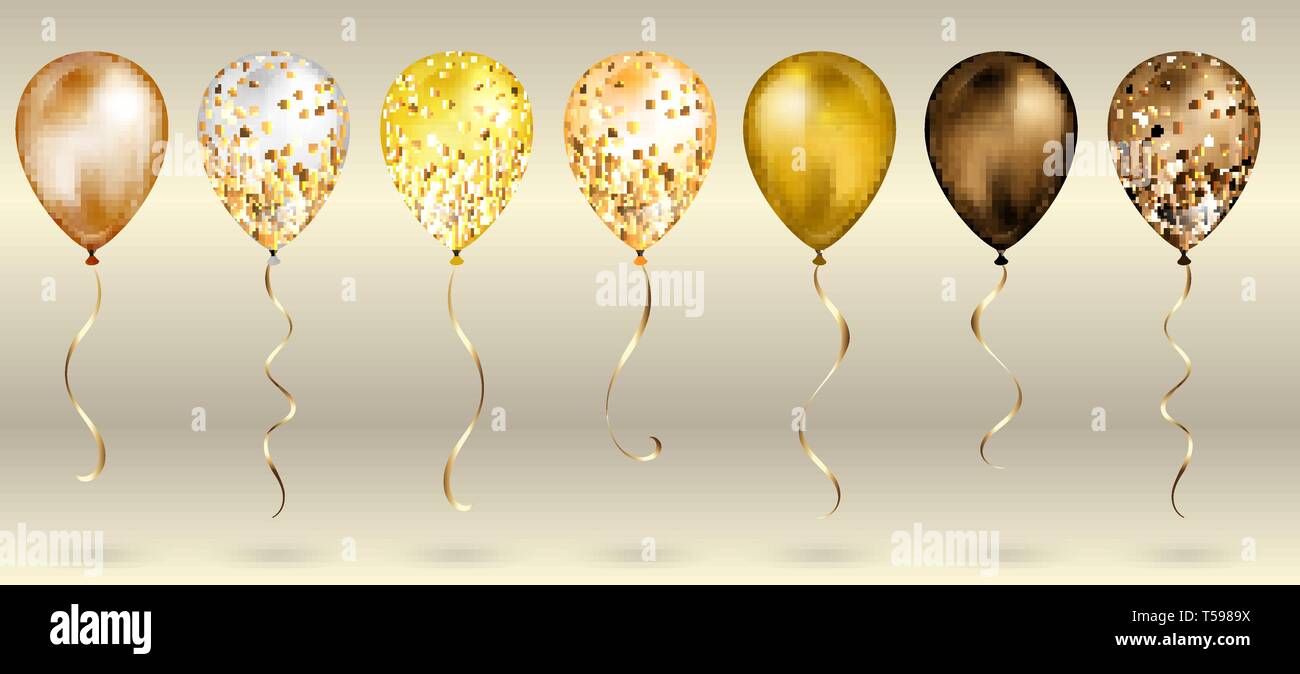 Set of 7 shiny gold realistic 3D helium balloons for your design ...