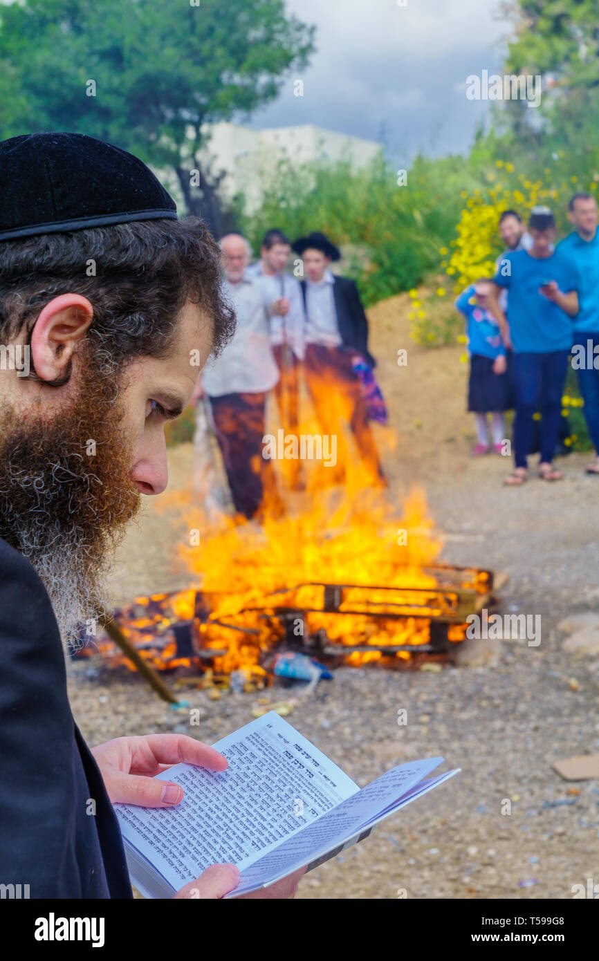 Haifa, Israel - April 19, 2019: Jewish man read a blessing, part of a ...